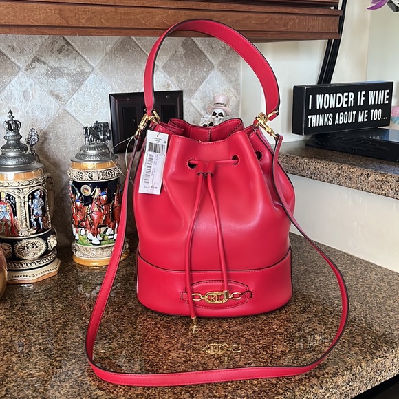 Lauren Ralph Lauren | Bags | Lauren Large Red Leather Drawstring Bag ...